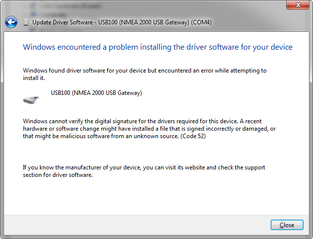 USB Driver Installation Errors - Code 52 & vendor.cer